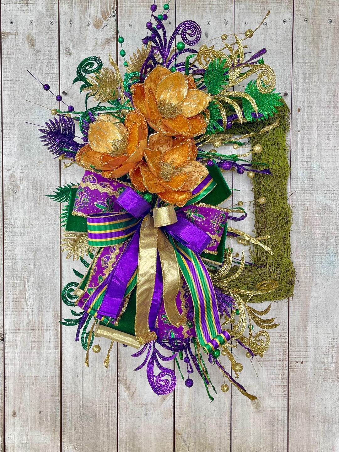 Mardi Gras Magnolia Wreath: Purple, Green, and Gold Moss Door Hanger - Etsy