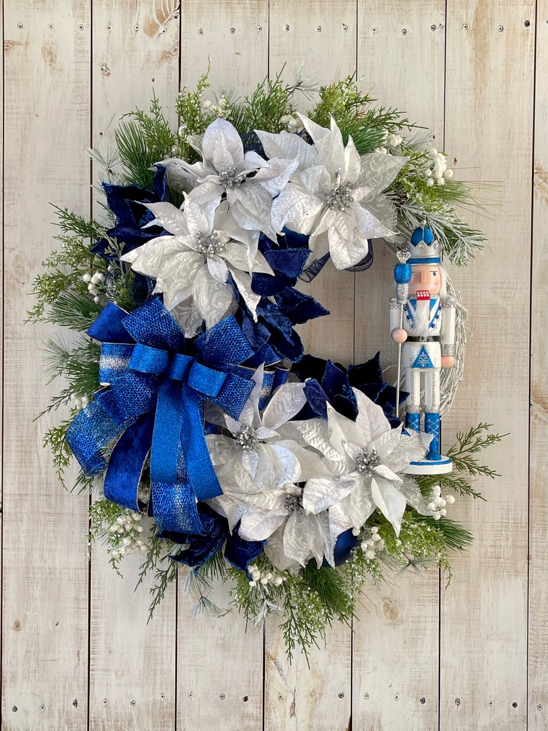 Blue Christmas Nutcracker Wreath: Coastal Holiday Poinsettia Decor - Etsy