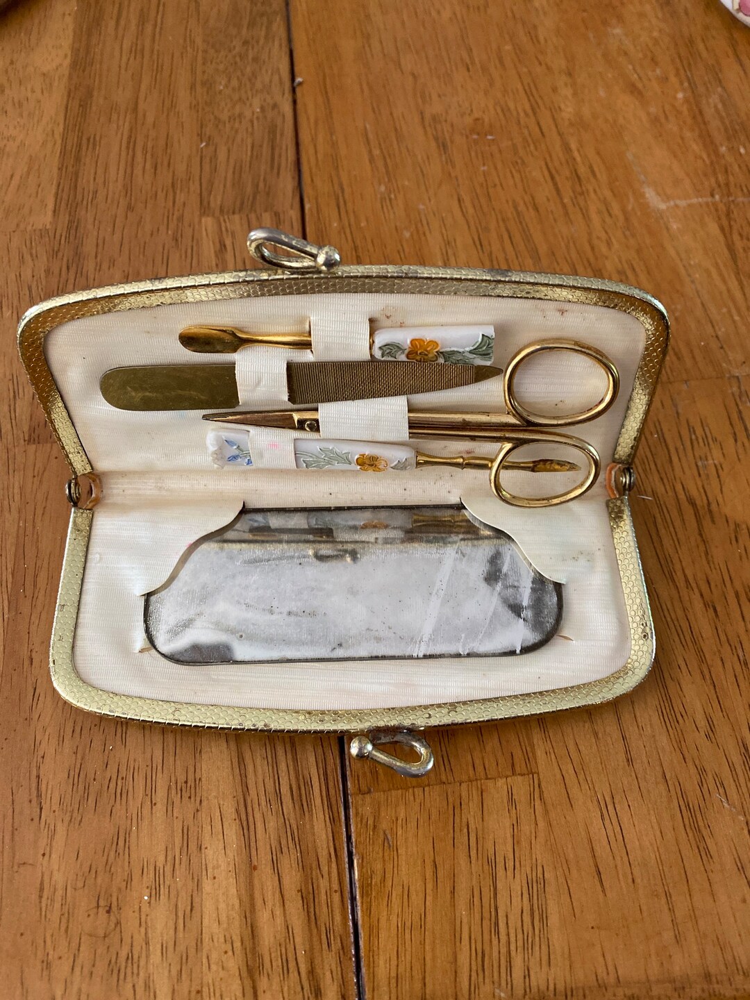 Vintage Manicure Set/ Burgundy Outside/ Floral Handle Tools - Etsy