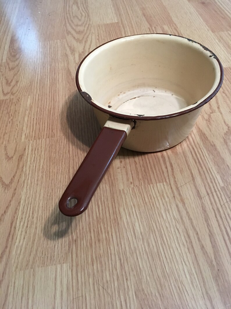 Small Yellow Enamelware Pan With Brown Trim - Etsy