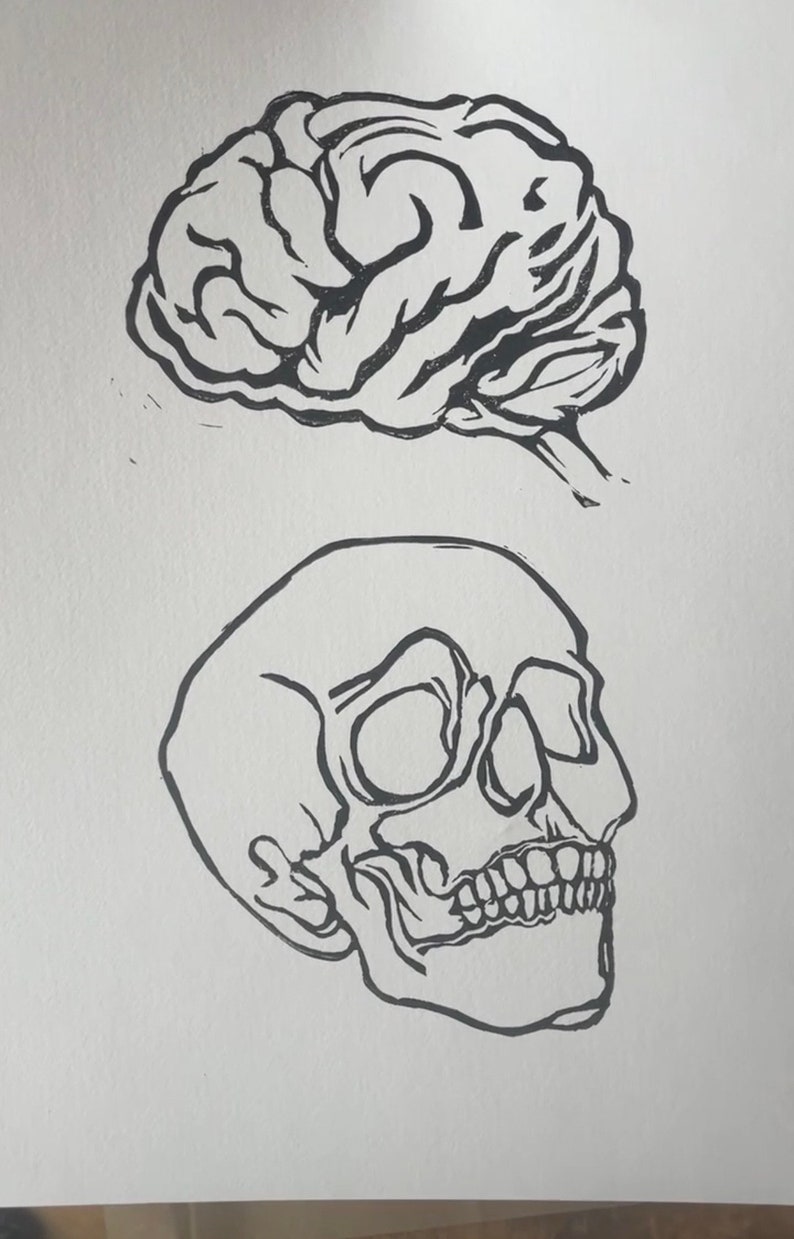 Brain and Skull Lino Print: Handmade A4 Poster Art - Etsy