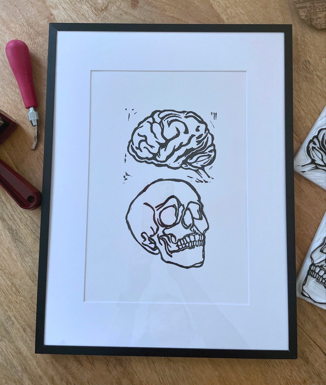 Brain and Skull Lino Print: Handmade A4 Poster Art - Etsy