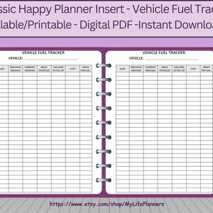 Vehicle Fuel Tracker Insert, Gas Log, Fillable, Printable Planner ...