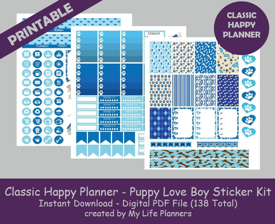 Boy Puppy Love CLASSIC Happy Planner Printable Stickers | Etsy