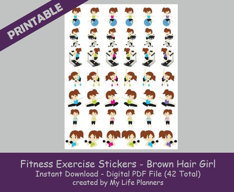 Fitness Exercise Stickers Brown Hair Printable Stickers - Etsy