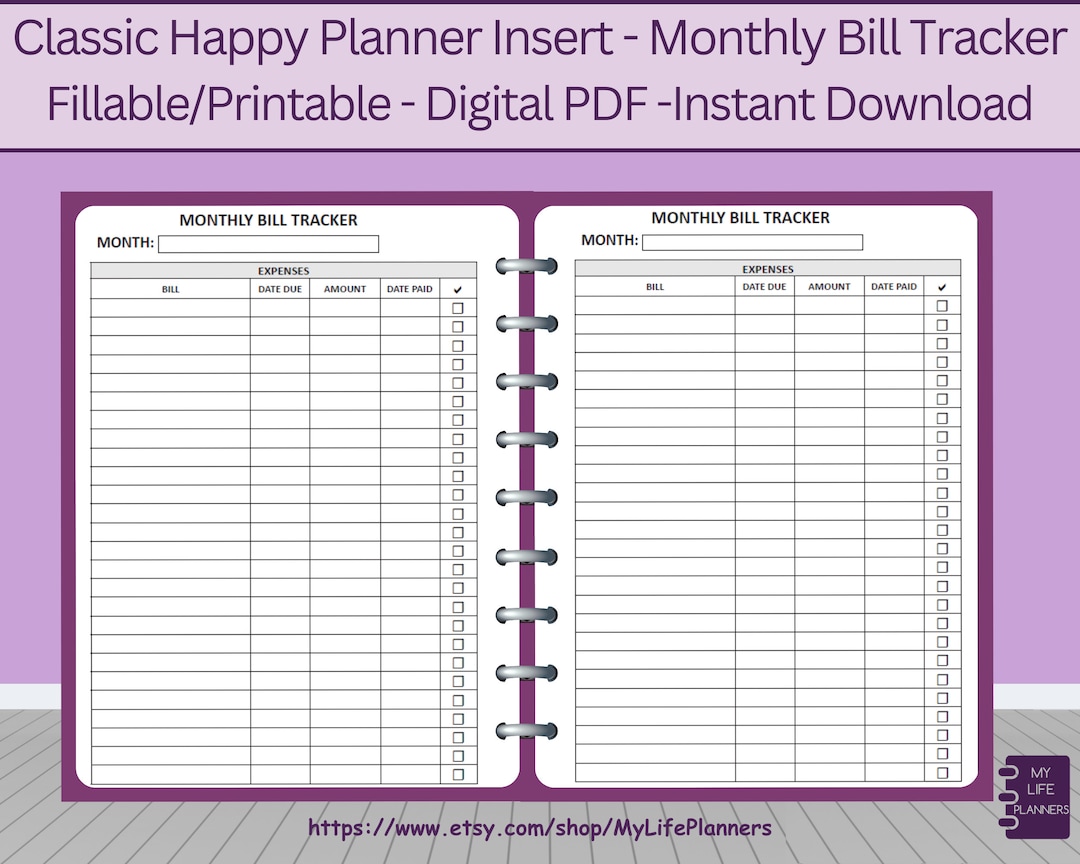 Monthly Bill Tracker, Printable, Fillable, Planner Insert, CLASSIC ...