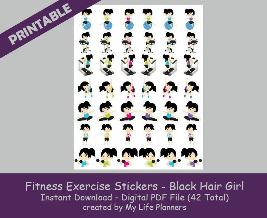 Fitness Exercise Stickers Black Hair Printable Stickers | Etsy