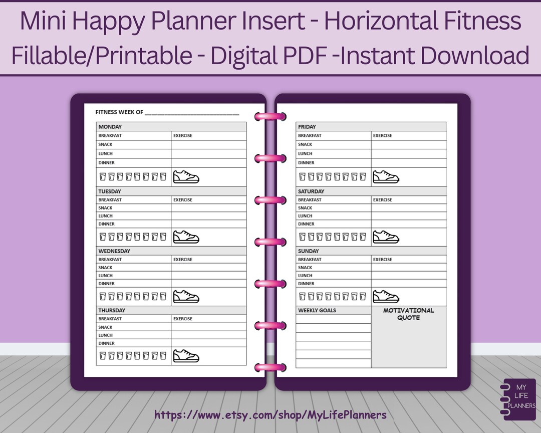 Horizontal Fitness Fillable, Printable, Planner Inserts, Fitness Insert ...