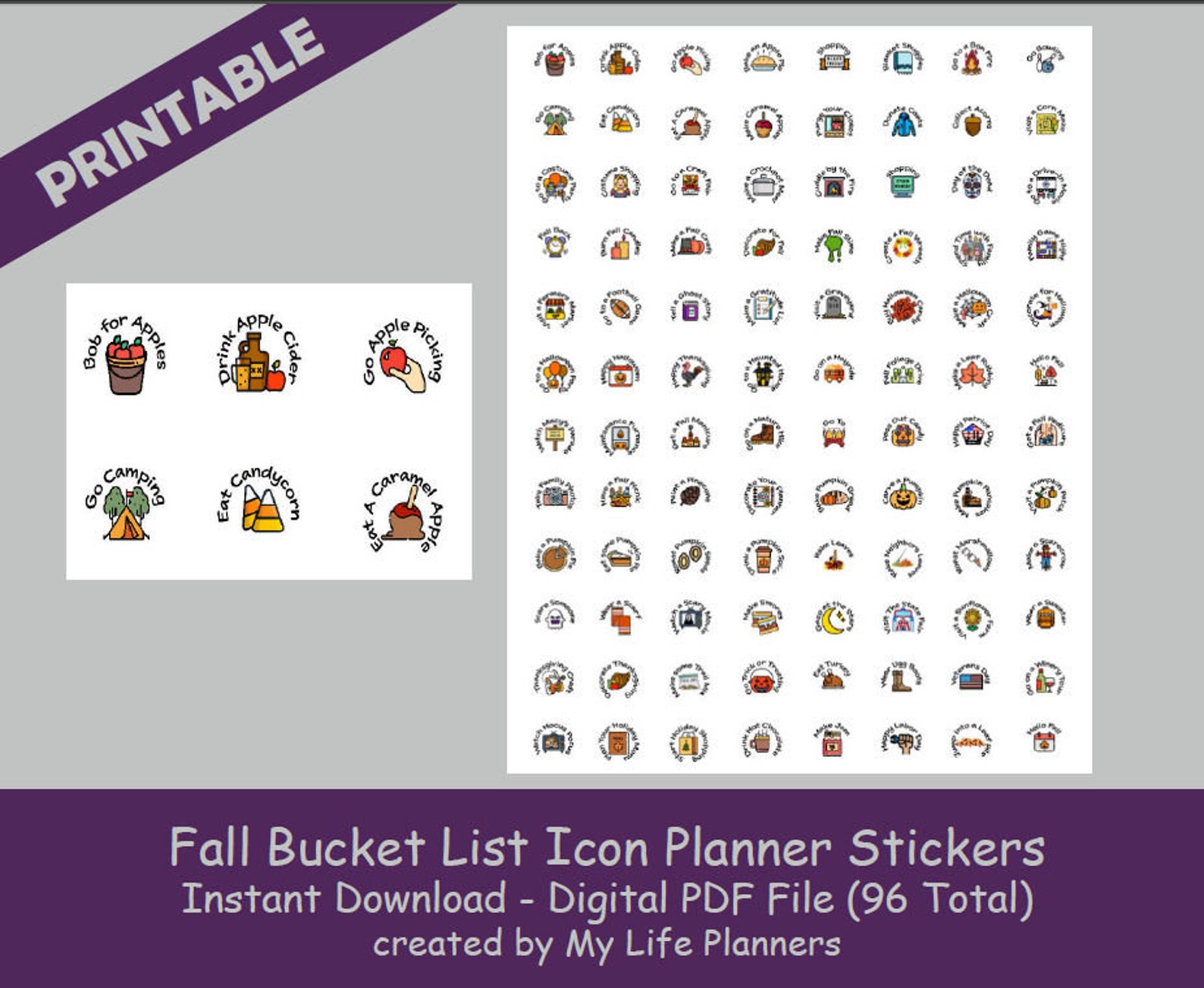 Fall Bucket List Icon Planner Stickers Printable Stickers | Etsy