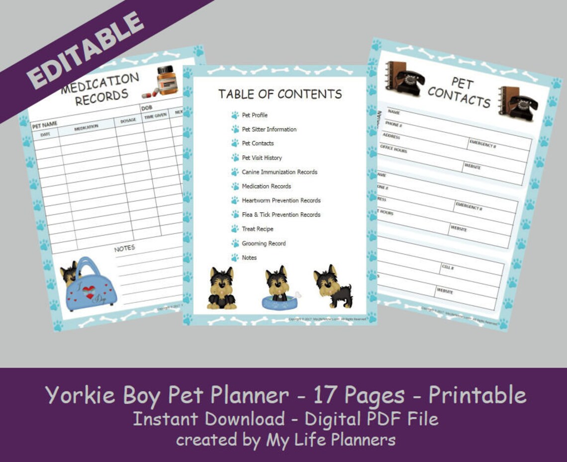 Yorkie Boy Pet Planner Pet Care Records Pet Information Pet - Etsy