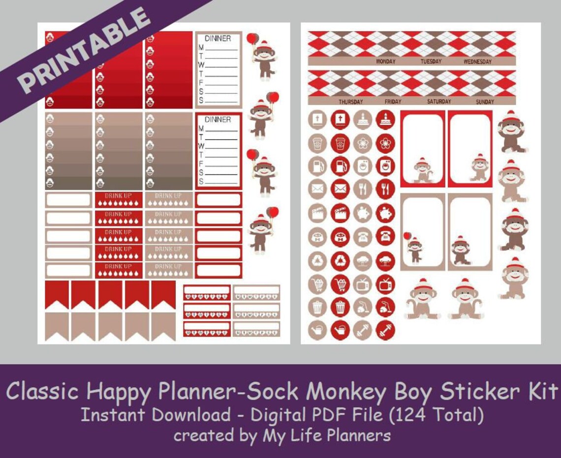 Sock Monkey Boy CLASSIC Happy Planner Printable Stickers | Etsy
