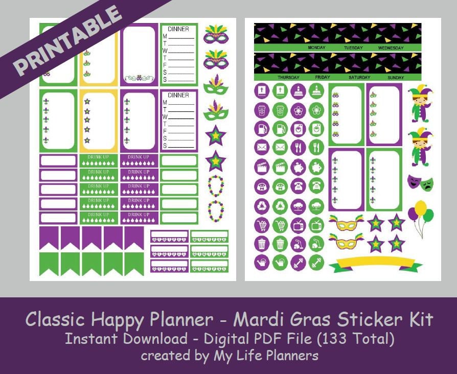 Mardi Gras CLASSIC Happy Planner Printable Stickers Weekly | Etsy
