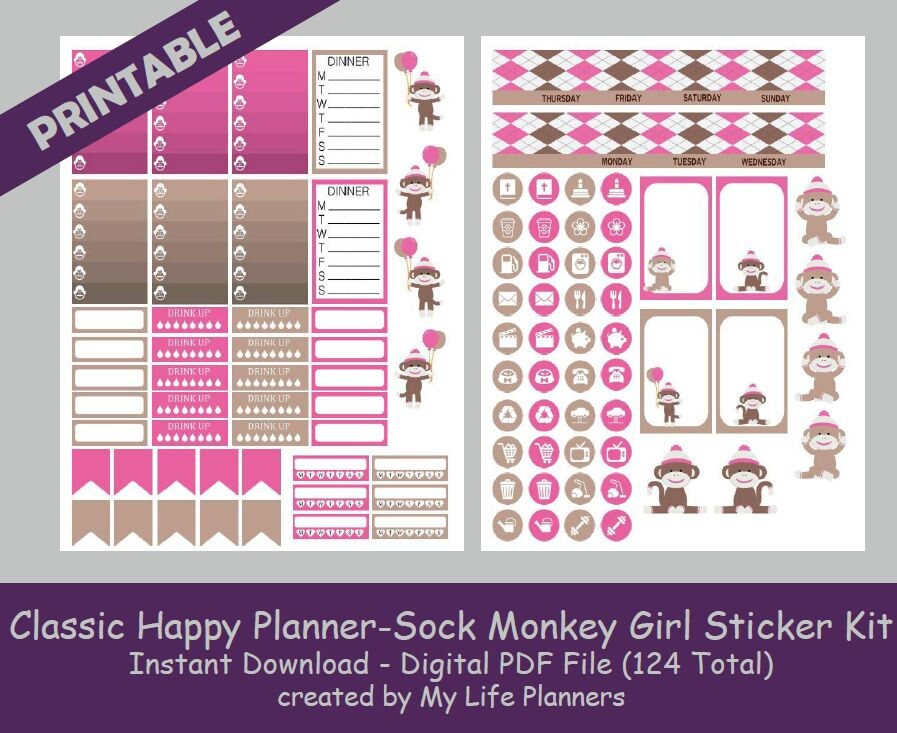 Sock Monkey Girl CLASSIC Happy Planner Printable Stickers - Etsy