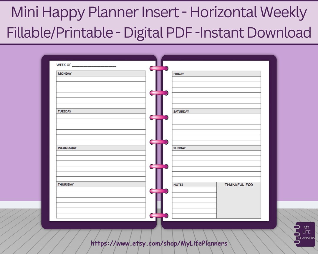 Horizontal Weekly, Fillable, Printable, Undated, Insert, MINI Happy ...