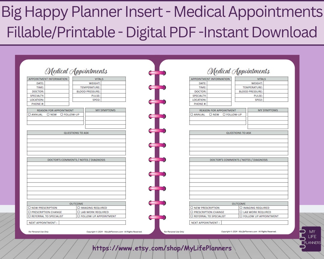 Medical Appointment Printable, Fillable, Doctor Appointment Insert ...