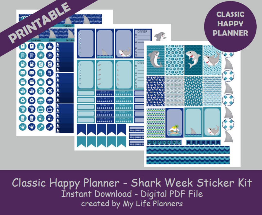 Shark Week Sticker Kit Classic Happy Planner Printable - Etsy