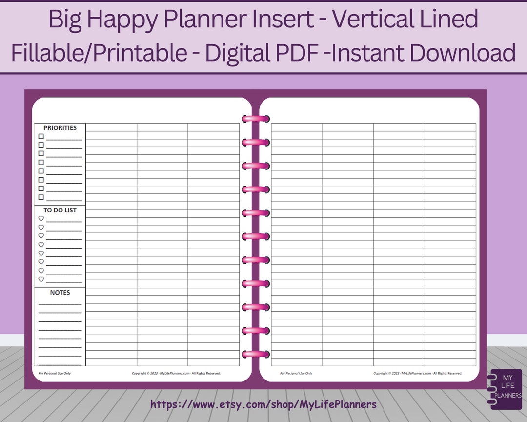Vertical Weekly Lined Planner Insert: Fillable BIG Happy Planner (PDF ...