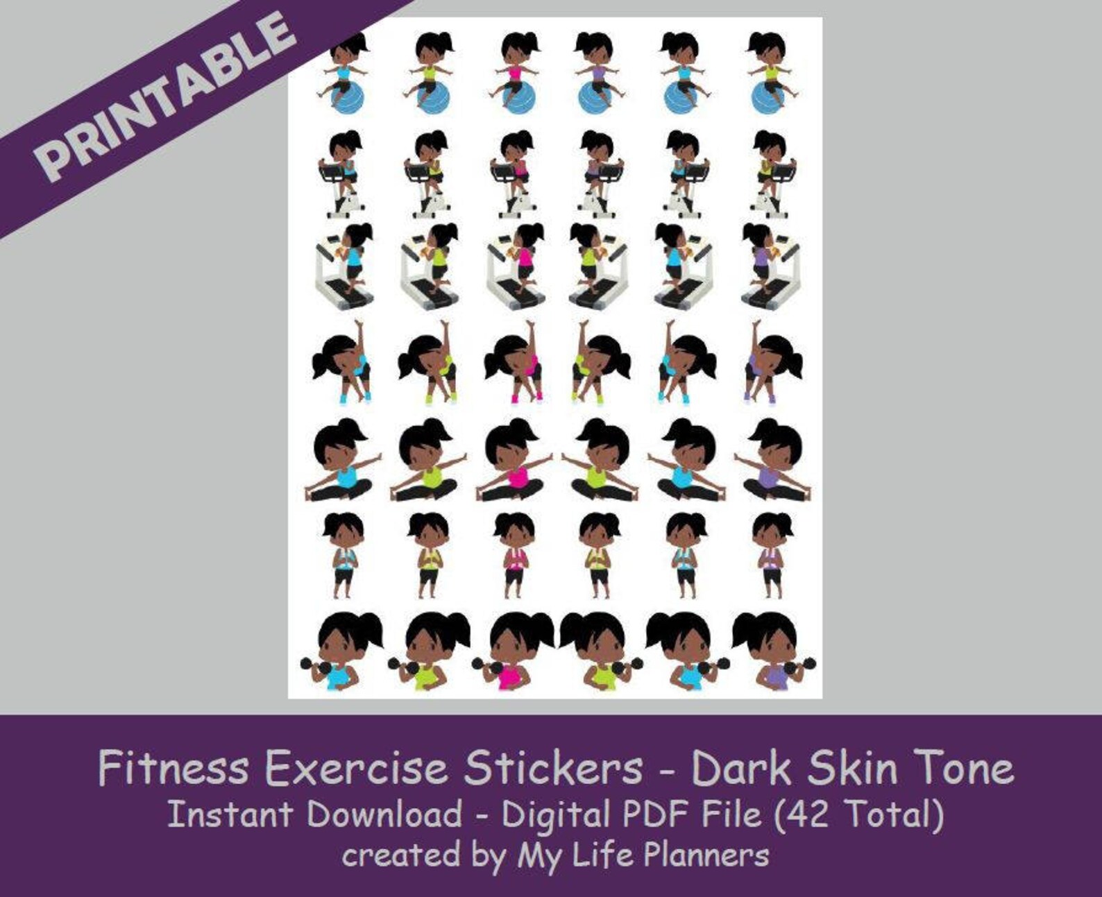 Fitness Exercise Stickers Dark Skin Printable Stickers - Etsy