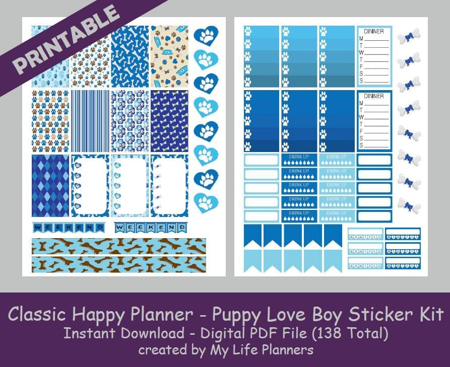 Boy Puppy Love CLASSIC Happy Planner Printable Stickers | Etsy