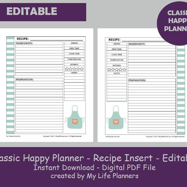 Happy Planner Classic Recipe - Etsy