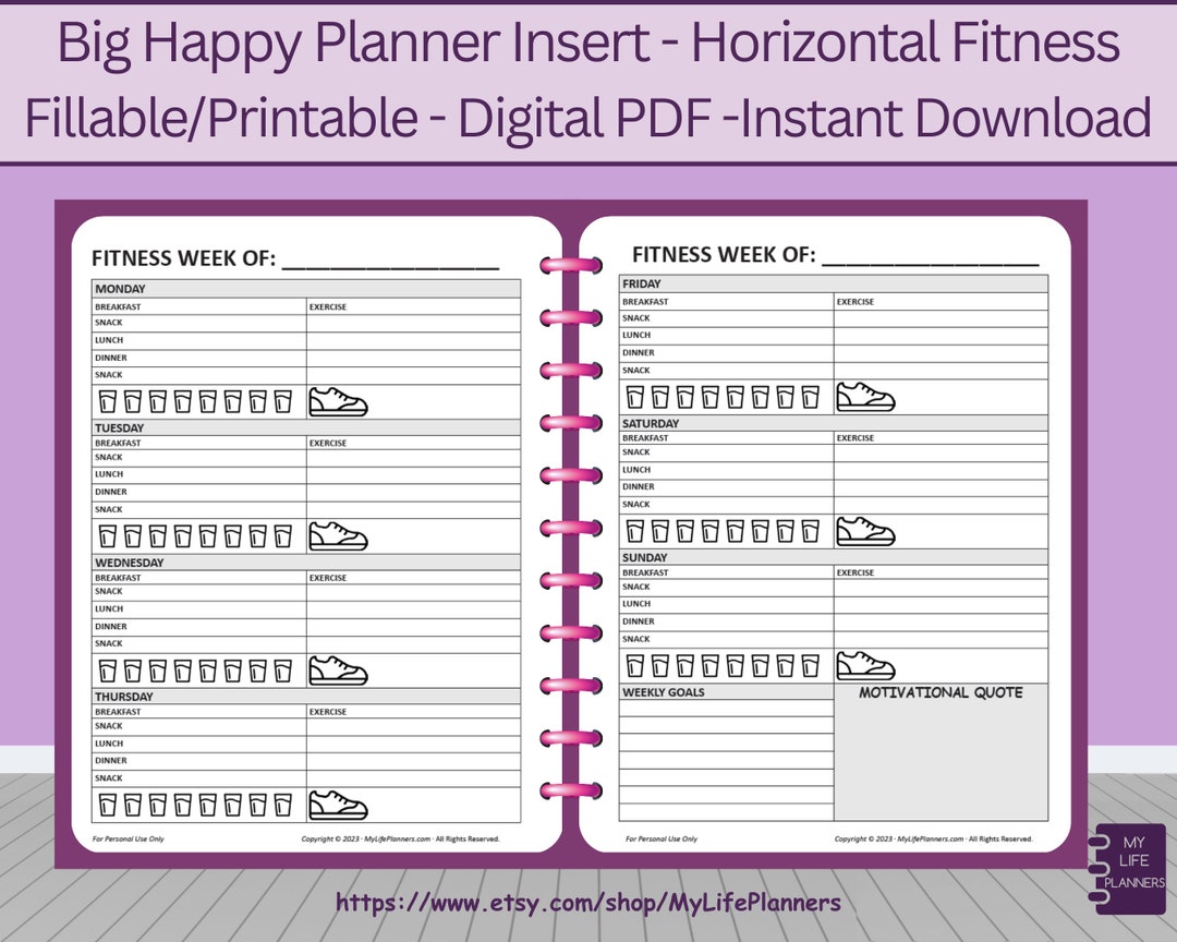 Horizontal Fitness Fillable, Printable, Planner Inserts, Exercise ...