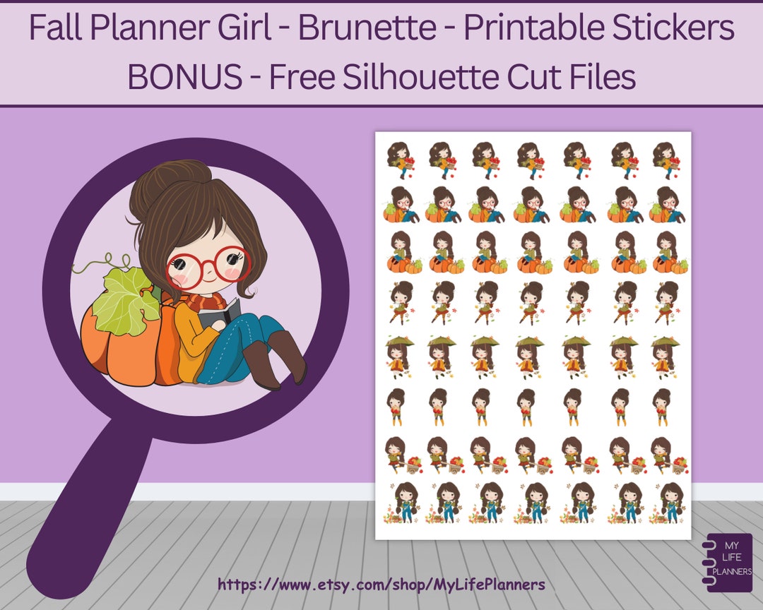 Fall Planner Girl Stickers, Brunette, Printable Stickers, Planner ...