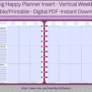 Vertical Weekly, Fillable, Printable, Planner Insert, MAMBI BIG Happy ...
