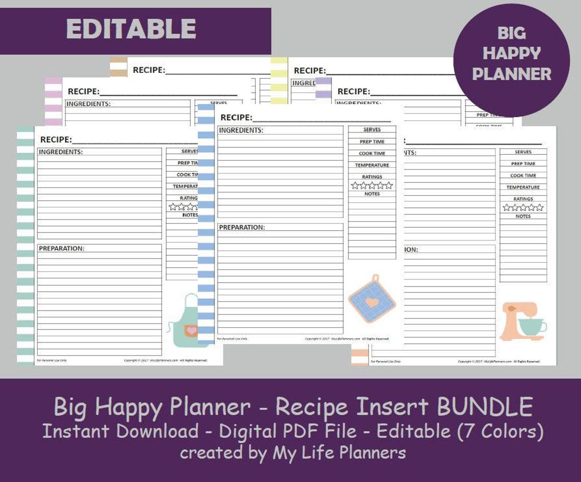 BIG Happy Planner Recipe Insert Bundle Editable Printable - Etsy