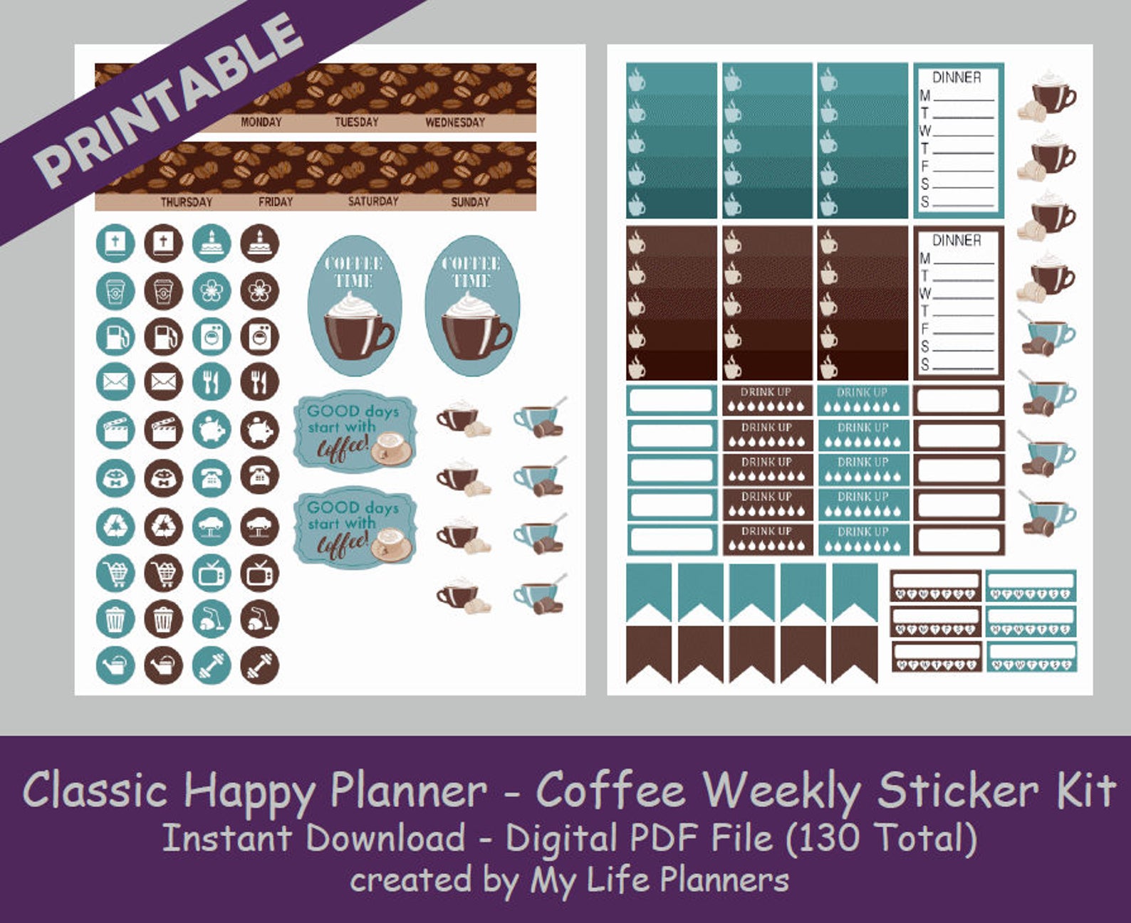 Coffee CLASSIC Happy Planner Printable Stickers Weekly Kit | Etsy