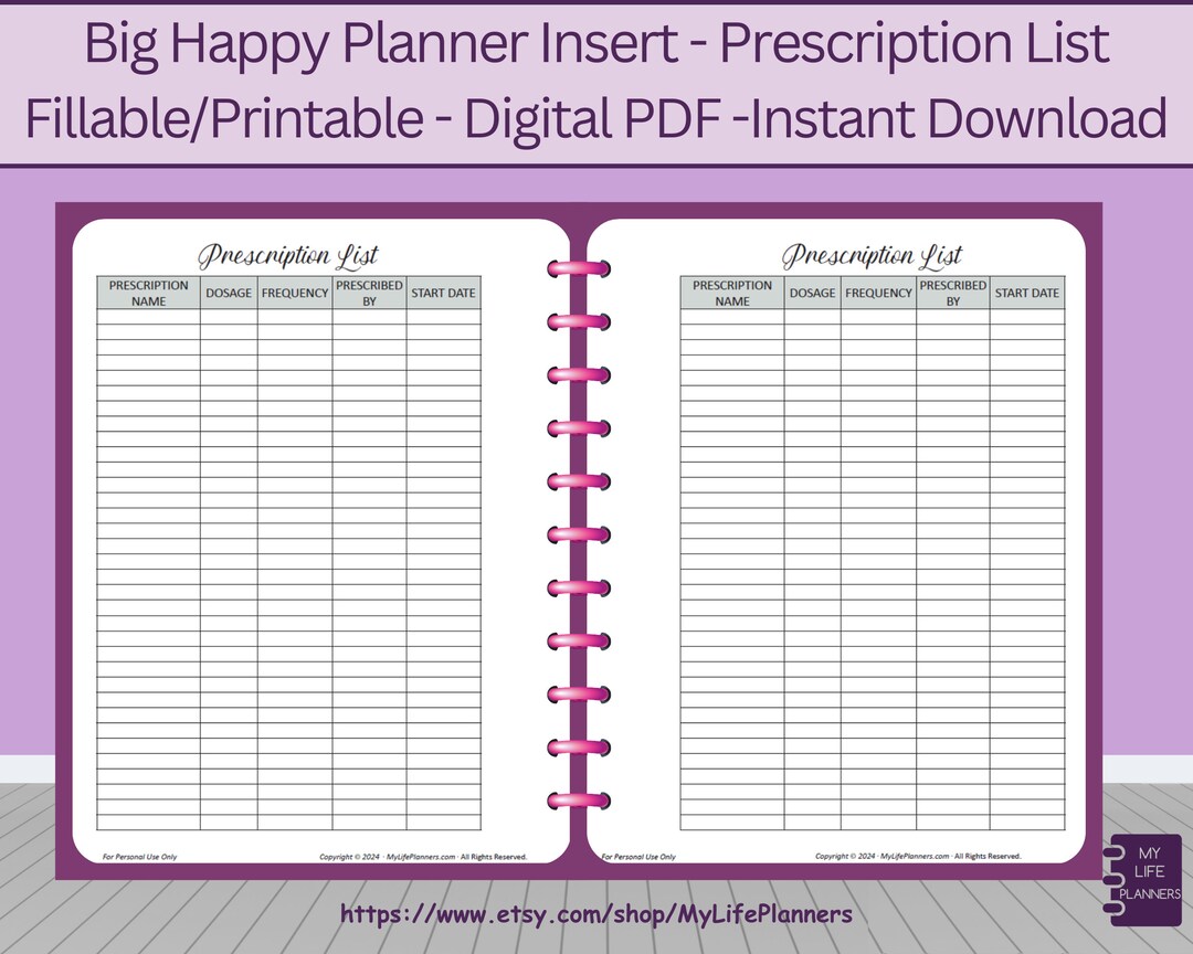 Prescription List Printable, Fillable, Prescription Insert, Planner ...
