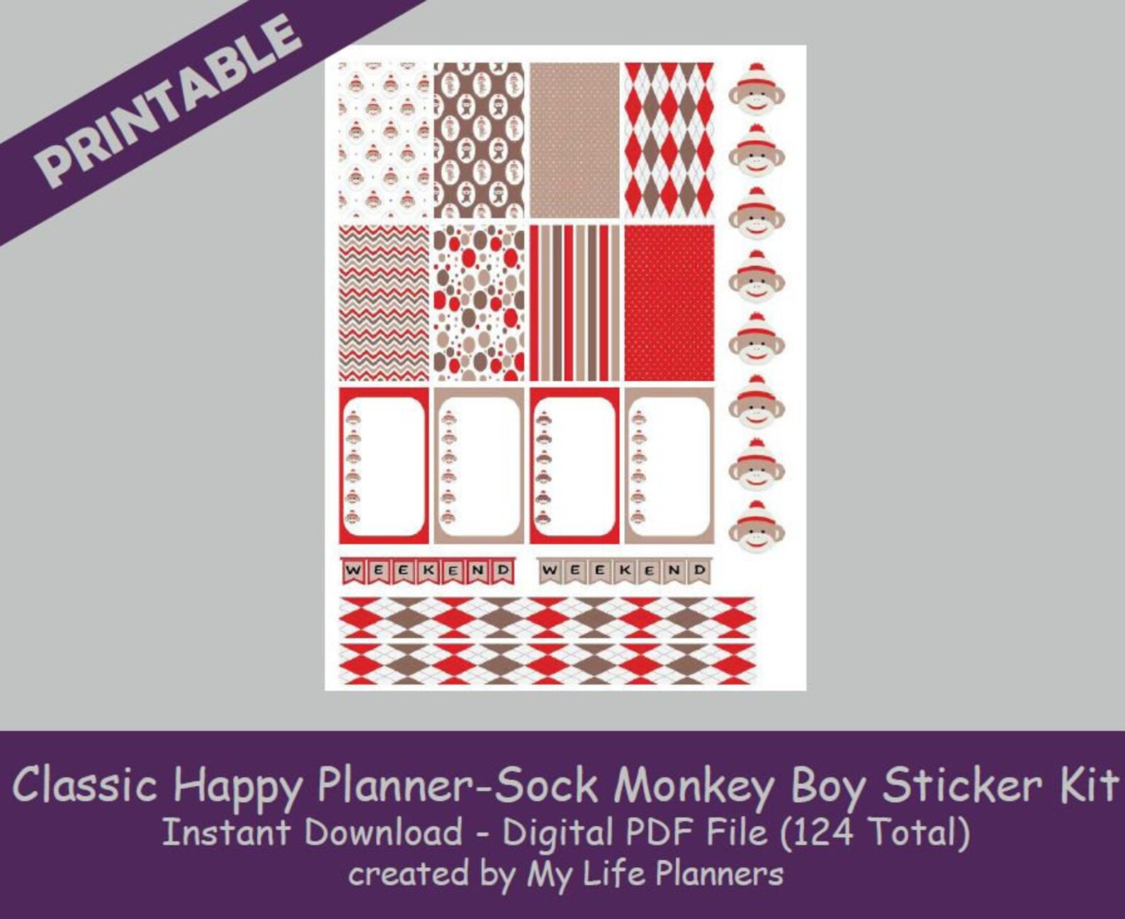 Sock Monkey Boy CLASSIC Happy Planner Printable Stickers | Etsy