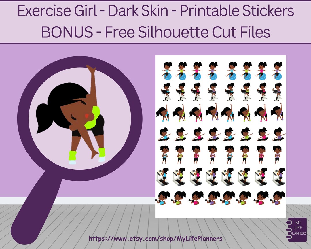 Fitness Exercise Stickers, Dark Skin, Printable Stickers, Planner ...