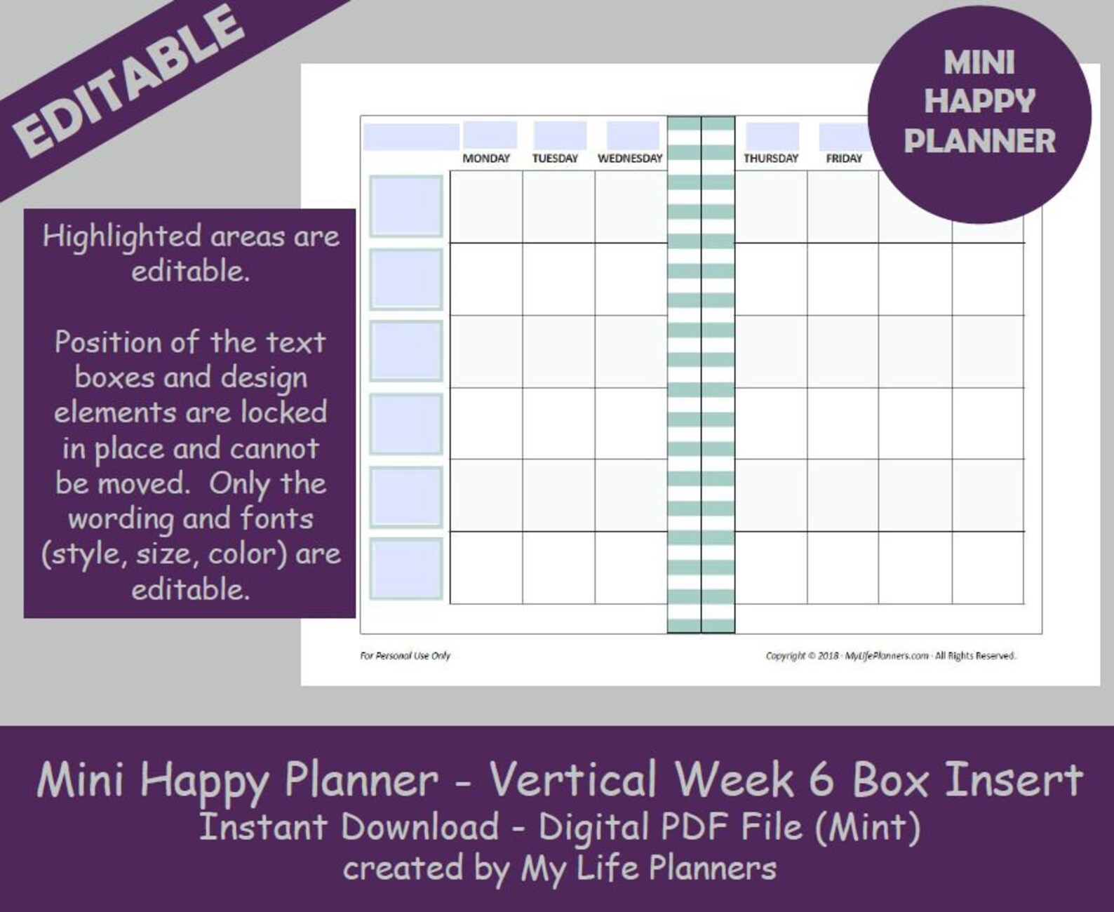MINI Happy Planner Vertical Week 6 Box Insert Mint Editable | Etsy