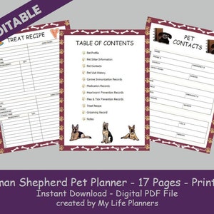 German Shepherd Pet Planner, Pet Care Records, Pet Information, Pet Kit ...
