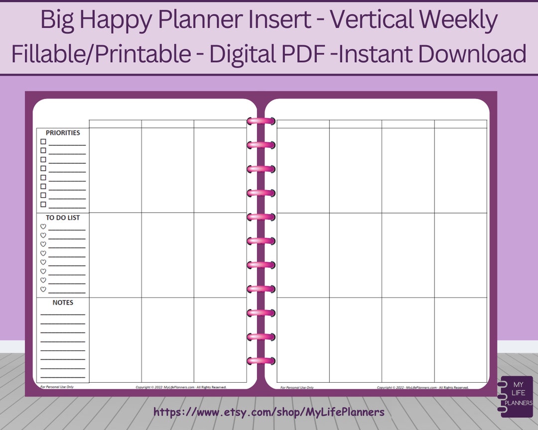 Vertical Weekly, Fillable, Printable, Planner Insert, MAMBI BIG Happy ...