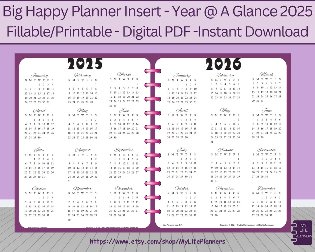 Year at a Glance 2025, Fillable, Printable, Calendar, Planner Insert ...