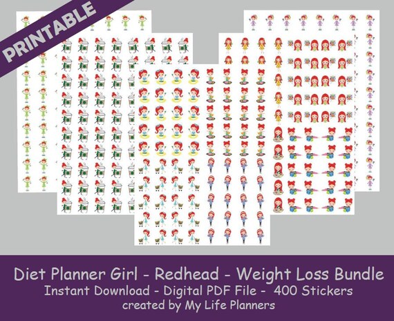 Diet Planner Girl Redhead Weight loss Stickers Printable | Etsy