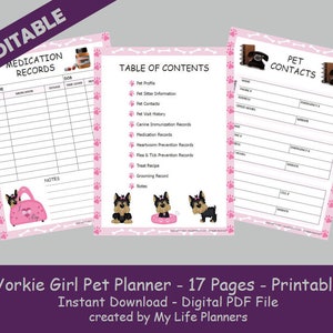 Yorkie Girl Pet Planner, Pet Care Records, Pet Information, Pet Kit ...