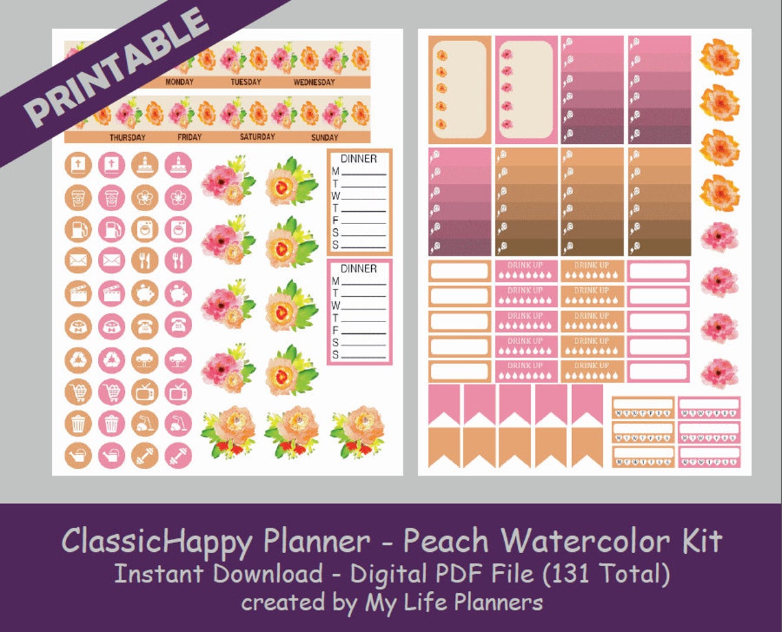 Peach Watercolor CLASSIC Happy Planner Printable Stickers | Etsy