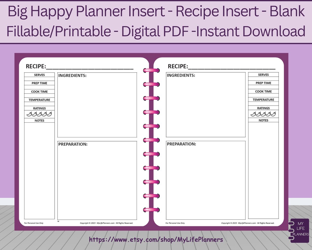 Blank Recipe Insert, Fillable Printable, BIG Happy Planner (PDF ...