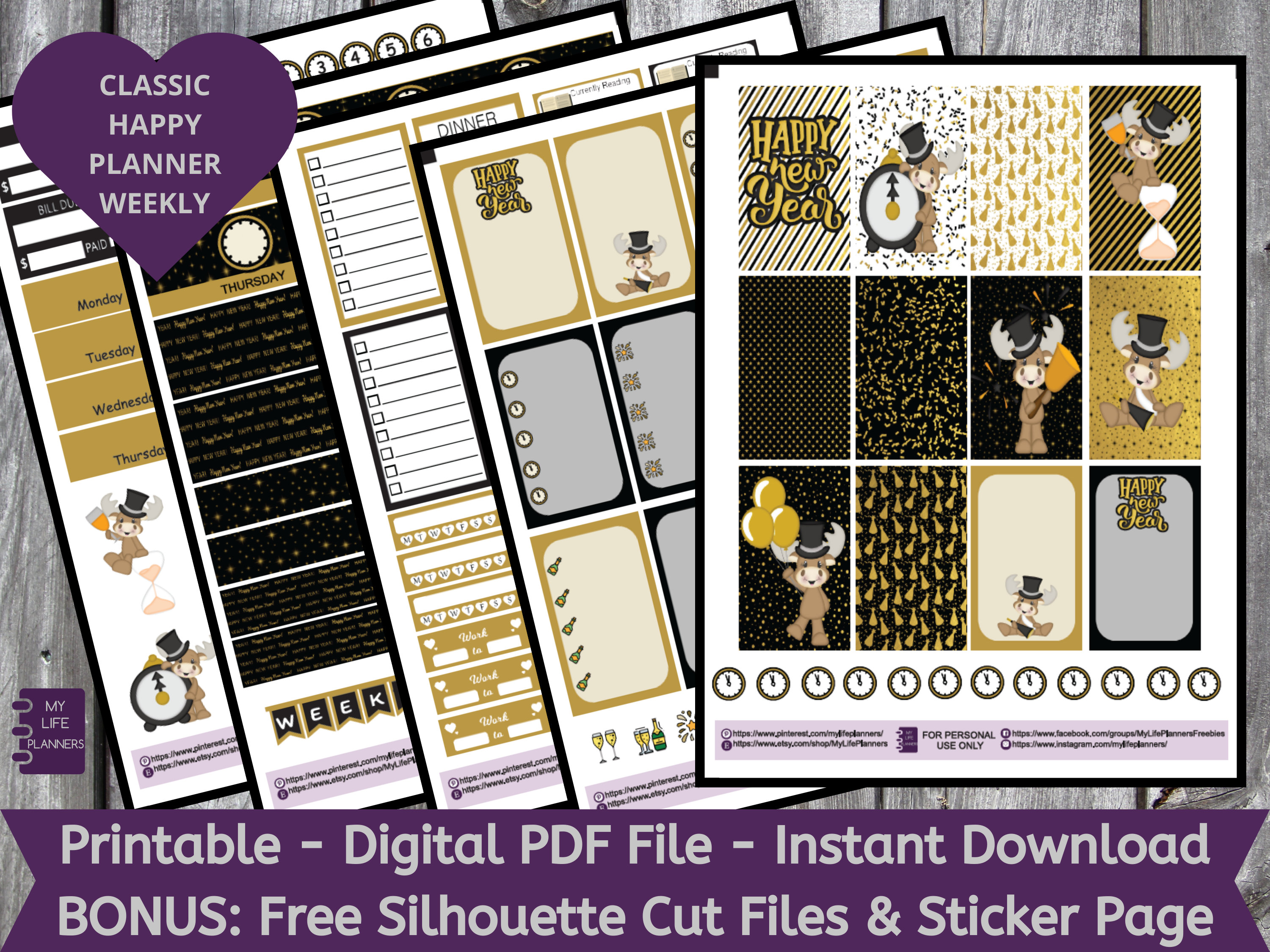 Moose New Year's Printable Planner Stickers Classic Happy - Etsy