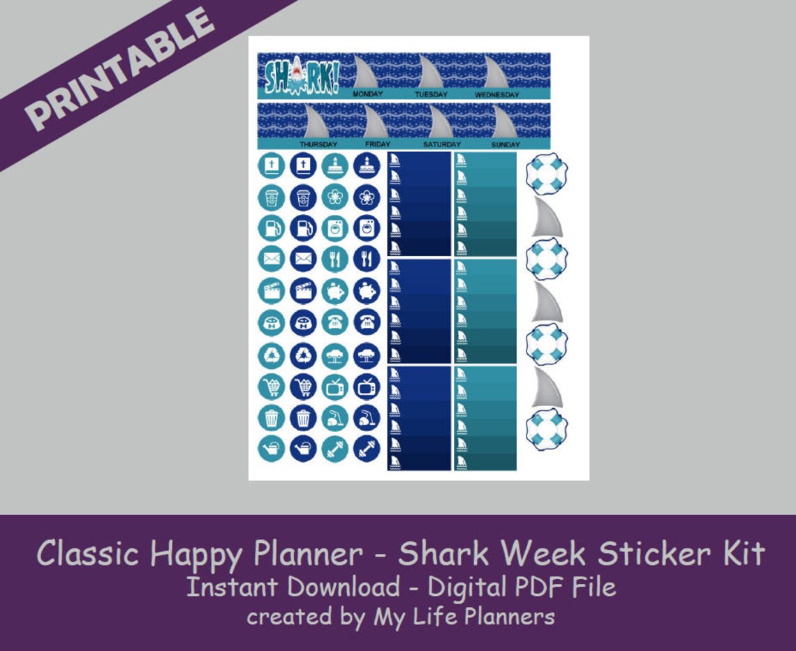 Shark Week Sticker Kit Classic Happy Planner Printable | Etsy