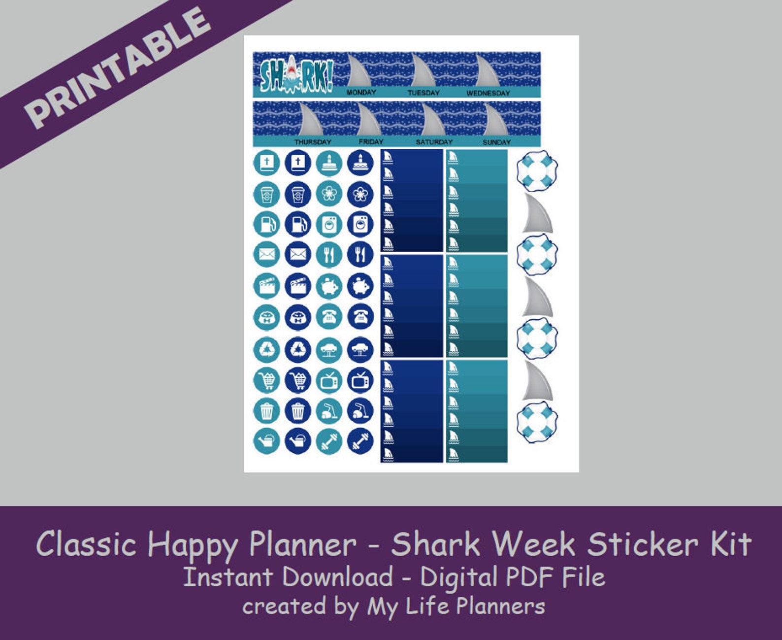 Shark Week Sticker Kit Classic Happy Planner Printable | Etsy