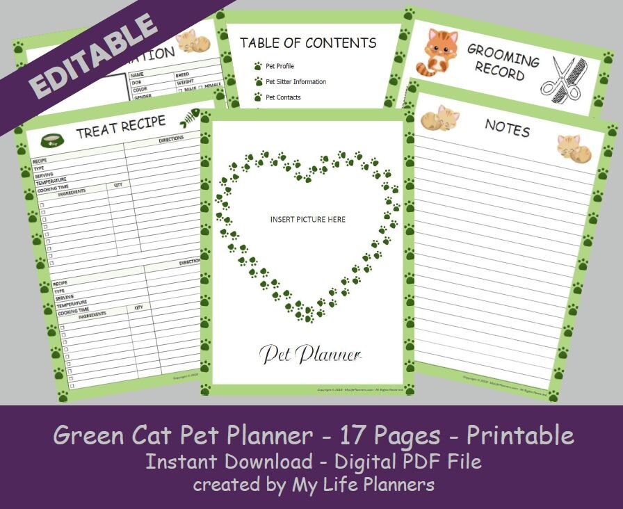 Green Cat Pet Planner Pet Care Records Pet Information Pet - Etsy