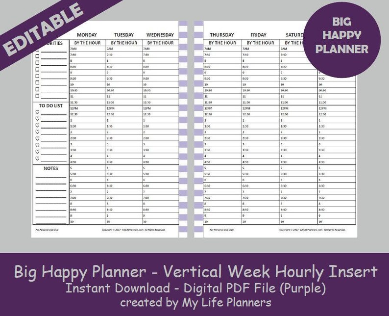 BIG Happy Planner Vertical Week Hourly Insert Editable | Etsy