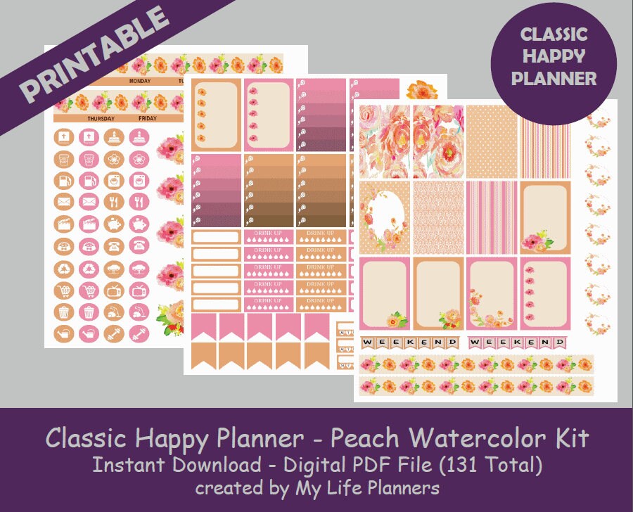 Peach Watercolor CLASSIC Happy Planner Printable Stickers | Etsy