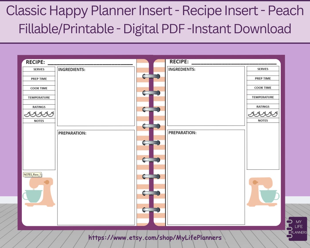 Peach Recipe Insert, Fillable, Printable, Planner Insert, CLASSIC Happy ...