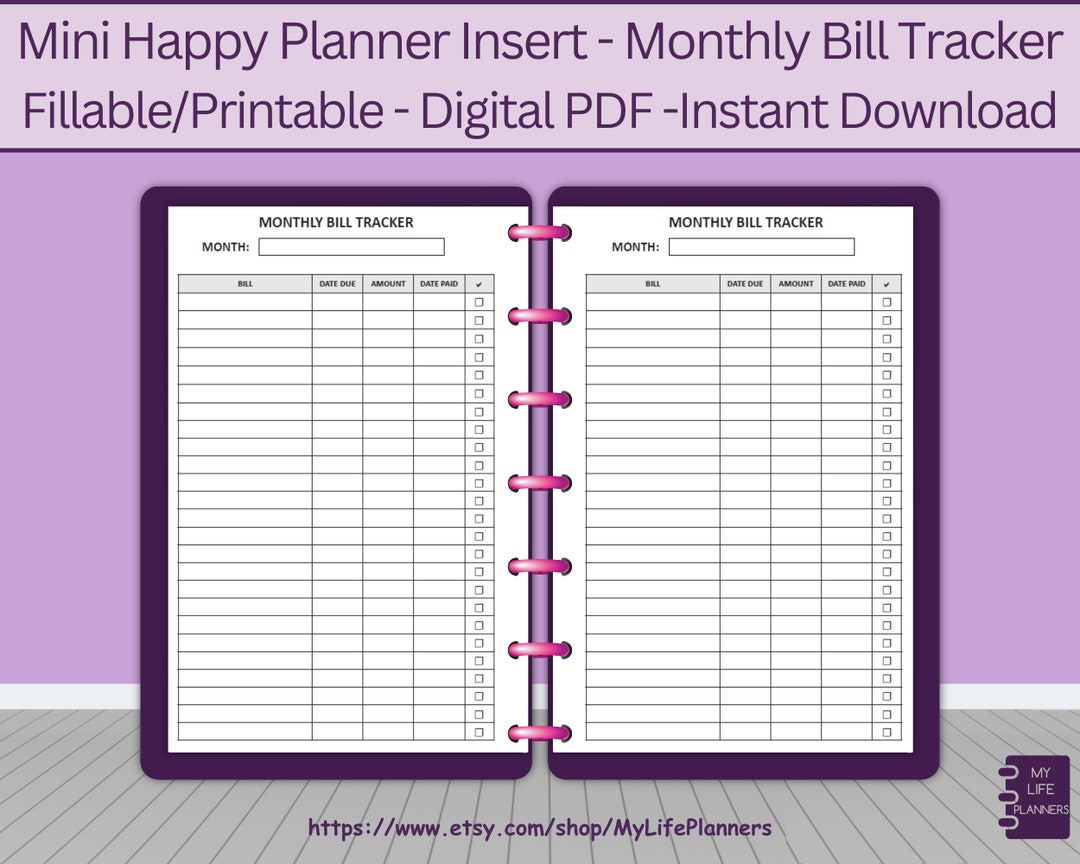 Monthly Bill Tracker Printable Fillable Planner Insert - Etsy