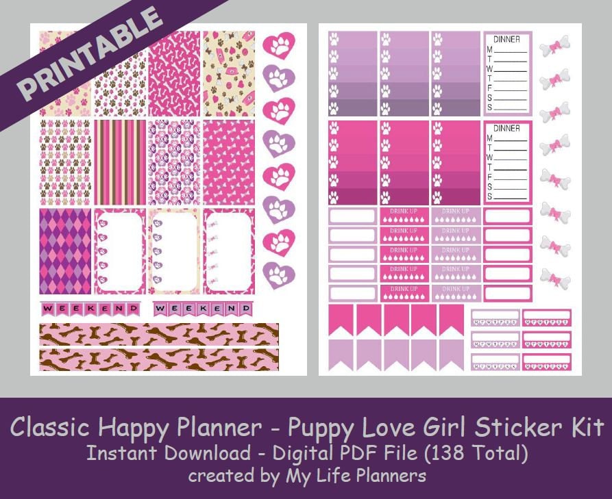 Girl Puppy Love CLASSIC Happy Planner Printable Stickers | Etsy