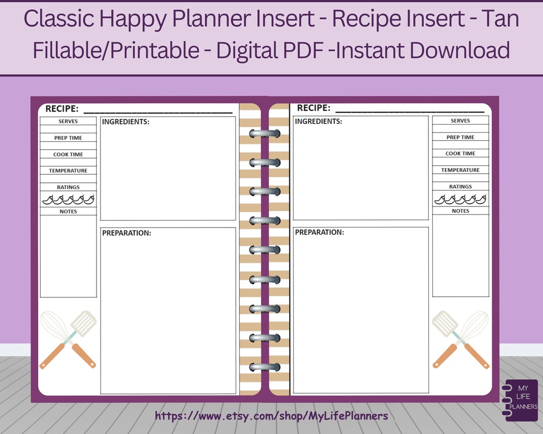 Classic Happy Planner Recipe Insert: Fillable Tan Template (PDF ...